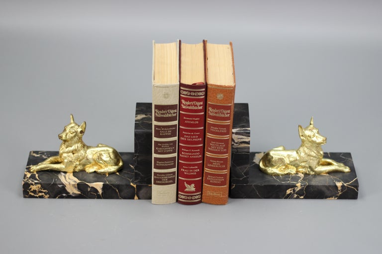 French Art Deco Gilt Bronze German Shepherd Dog and Black Marble ...