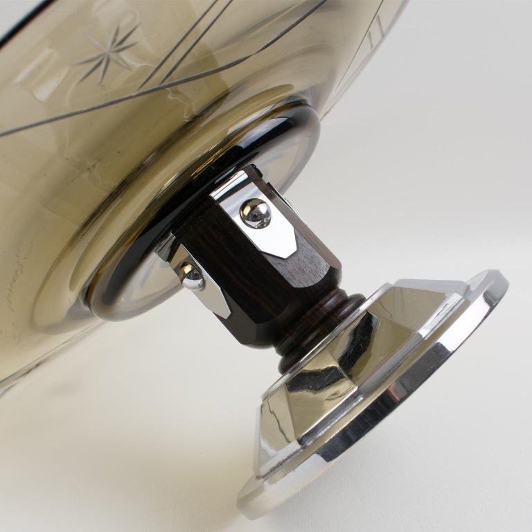 French Art Deco Glass Macassar Wood And Chrome Centerpiece Bowl For