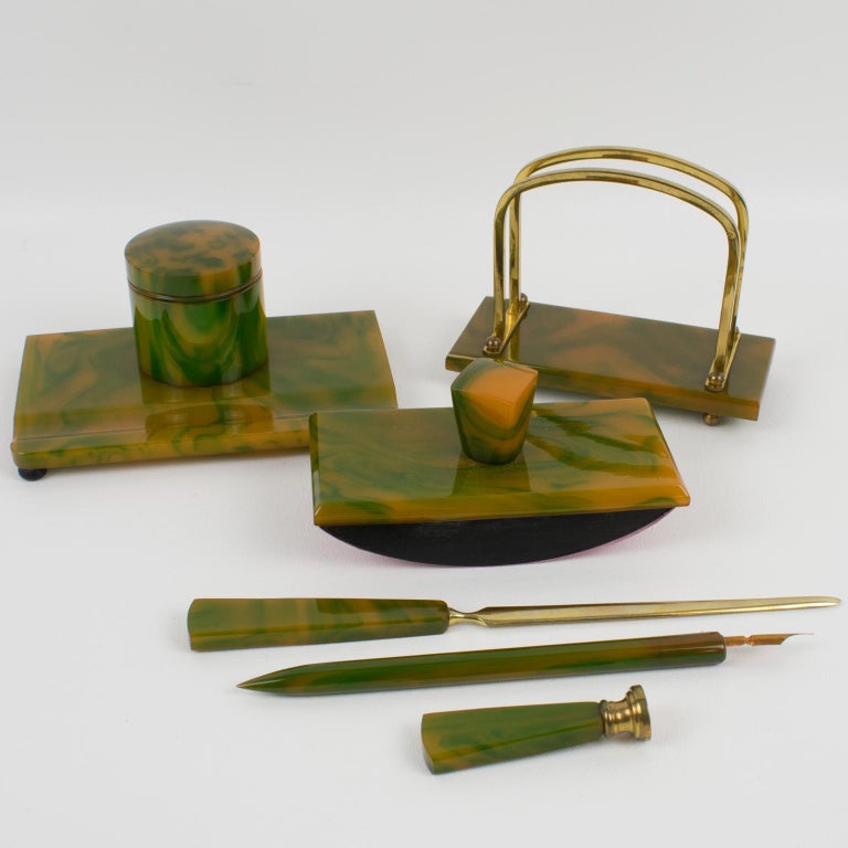 French Art Deco Green Catalin Bakelite Desk Set, 6 pieces at 1stDibs