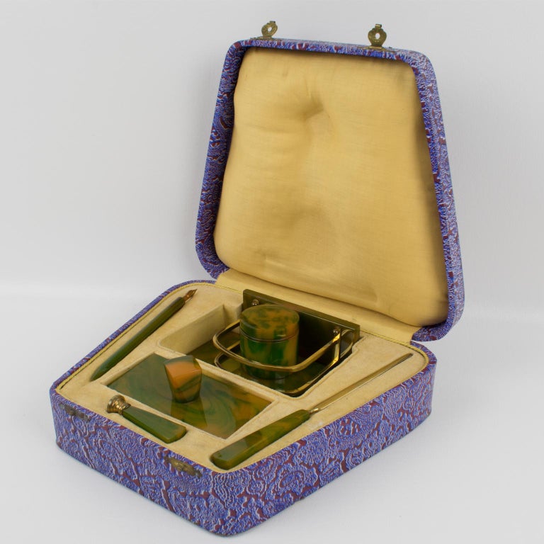 French Art Deco Green Catalin Bakelite Desk Set, 6 pieces at 1stDibs
