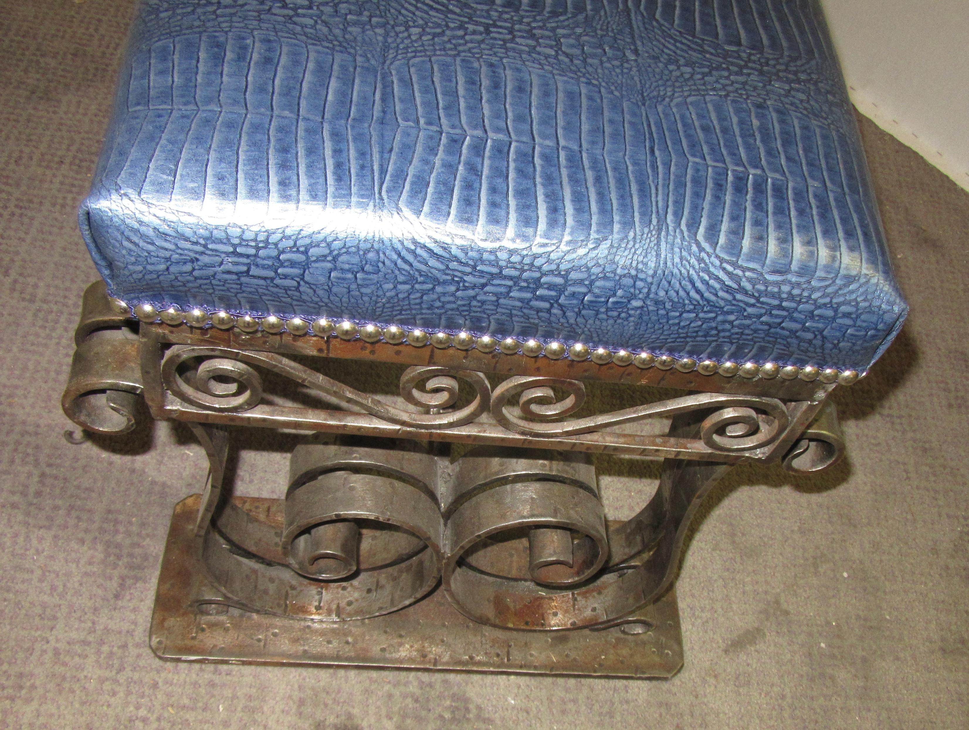 French Art Deco Iron Bench with Faux Alligator Blue Leather Upholstery ...