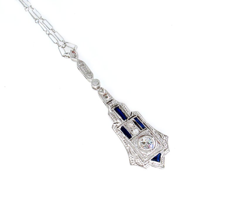 French Art Deco Lavaliere Diamond and Sapphire Drop White Gold Pendant ...