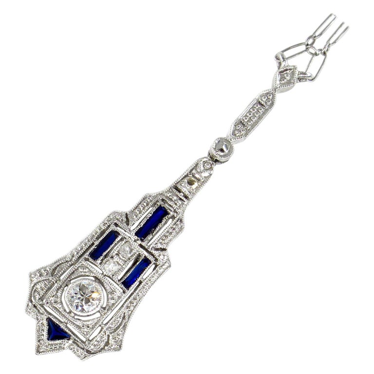 French Art Deco Lavaliere Diamond and Sapphire Drop White Gold Pendant ...