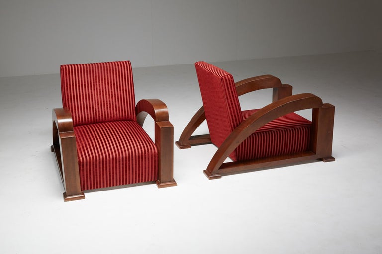 French Art Deco Lounge Chairs in Red Striped Velvet and with Swoosh ...