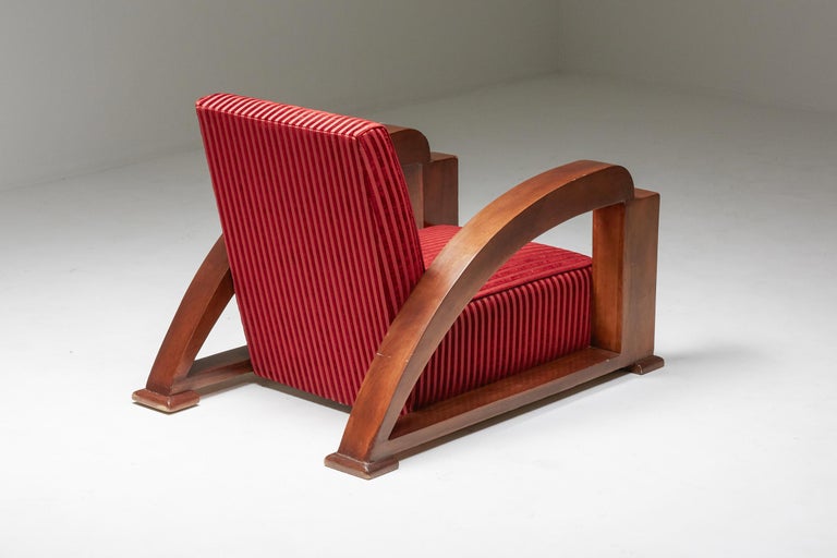 French Art Deco Lounge Chairs in Red Striped Velvet and with Swoosh ...