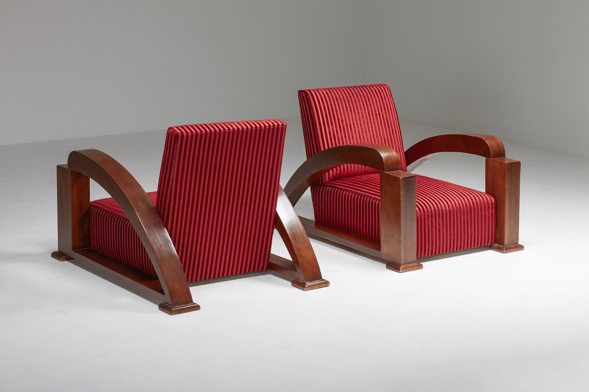 Art Deco Armchairs in Red Striped Velvet and with Swoosh Armrests ...