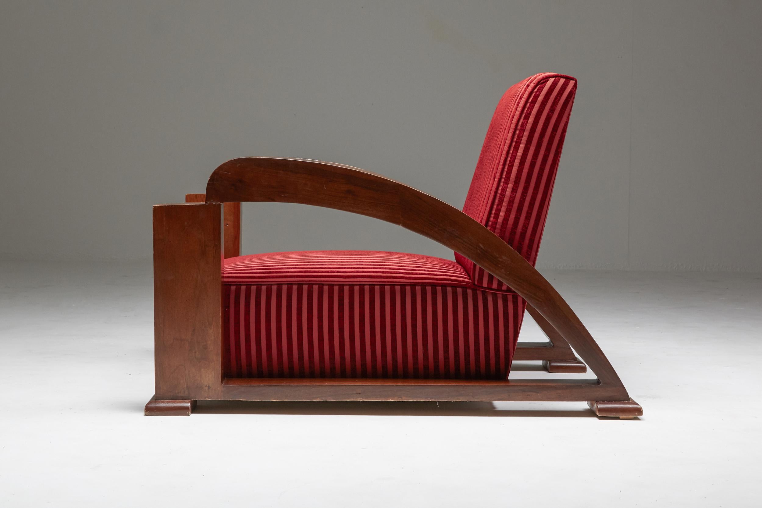 Art Deco Armchairs in Red Striped Velvet and with Swoosh Armrests ...