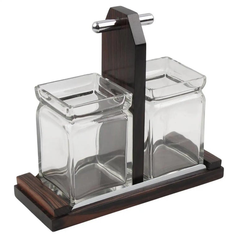 French Art Deco Macassar Wood and Crystal Condiment Jar Set For Sale at ...