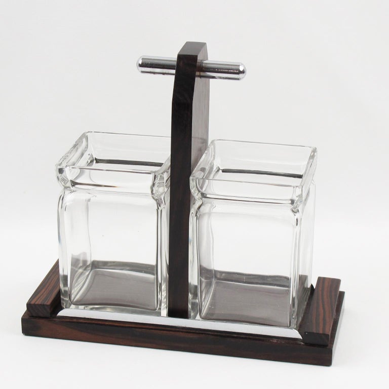 French Art Deco Macassar Wood and Crystal Condiment Jar Set For Sale at ...