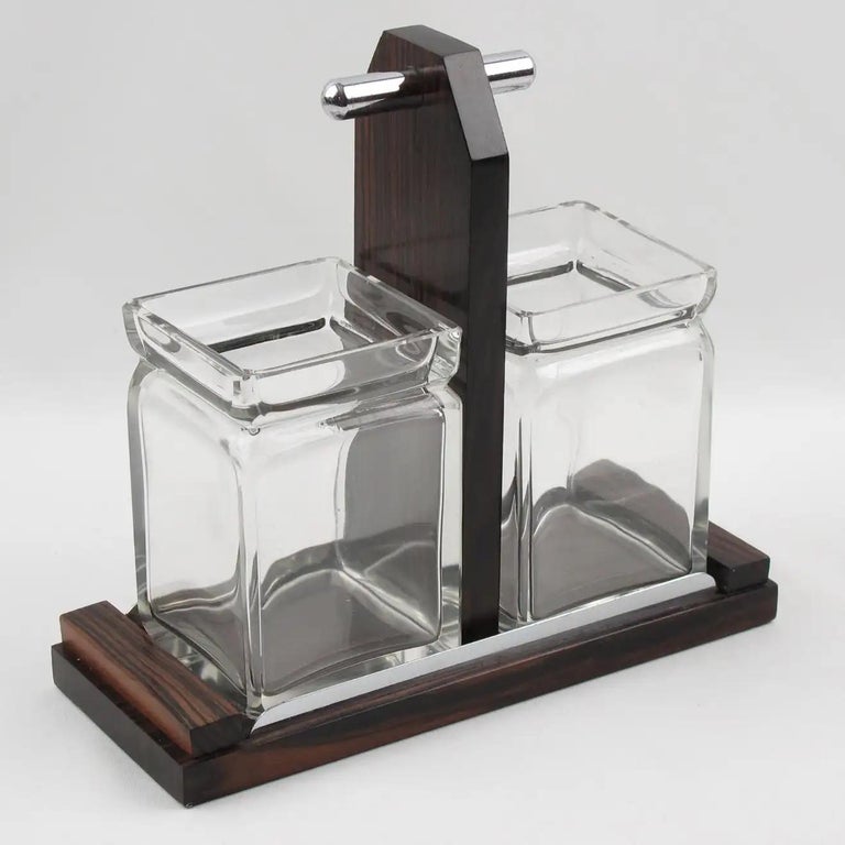 French Art Deco Macassar Wood and Crystal Condiment Jar Set For Sale at ...