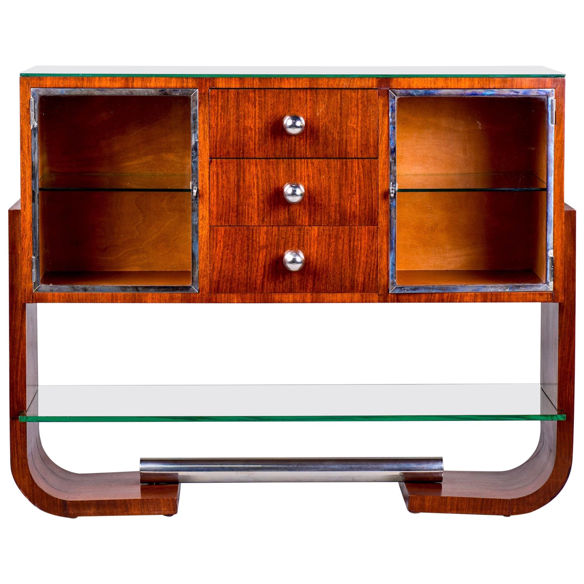 French Art Deco Mahogany and Polished Nickel Cabinet with Glass Doors ...