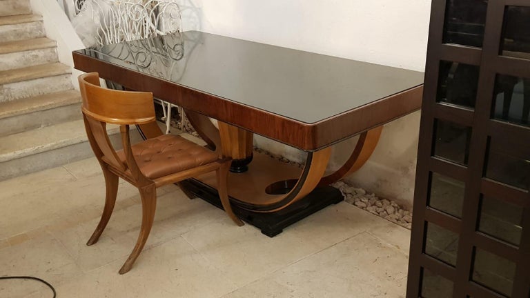 French Art Deco Mahogany Dining Central Leg Rectangular Table Black ...