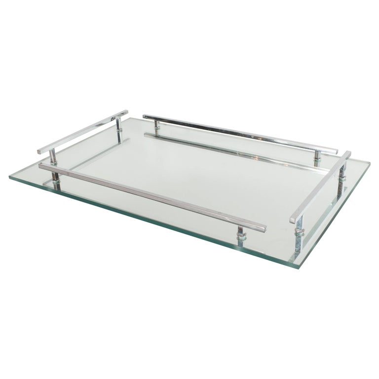 French Art Deco Mirrored Tray with Rectangular Polished Chrome Handles ...