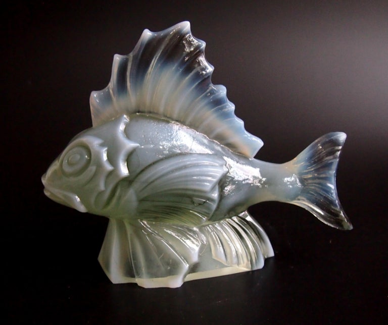 French Art Deco Opal Green Glass Fish Statue by CLA For Sale at 1stDibs
