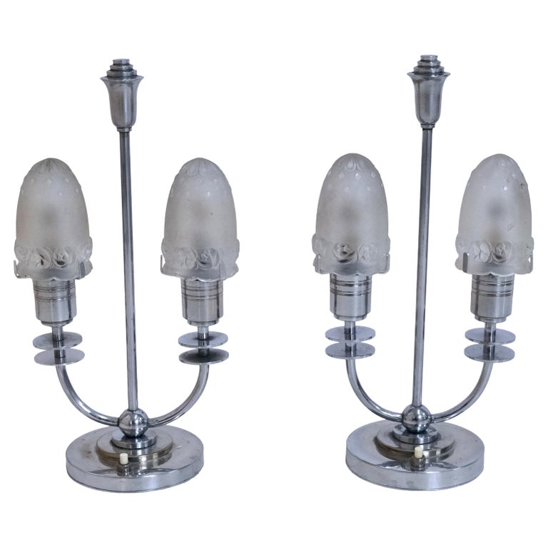 French Art Deco Pair of Chromed Table Lamps with Bell-Shaped Glasses by ...