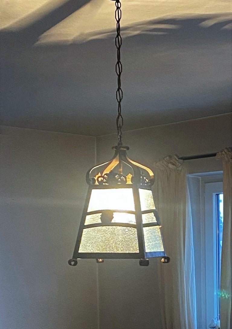 French Art Deco Patinated Iron, Bronze and Glass Four-Sided Lantern ...