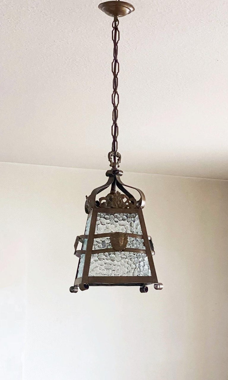 French Art Deco Patinated Iron Bronze and Glass Four-Sided Lantern ...