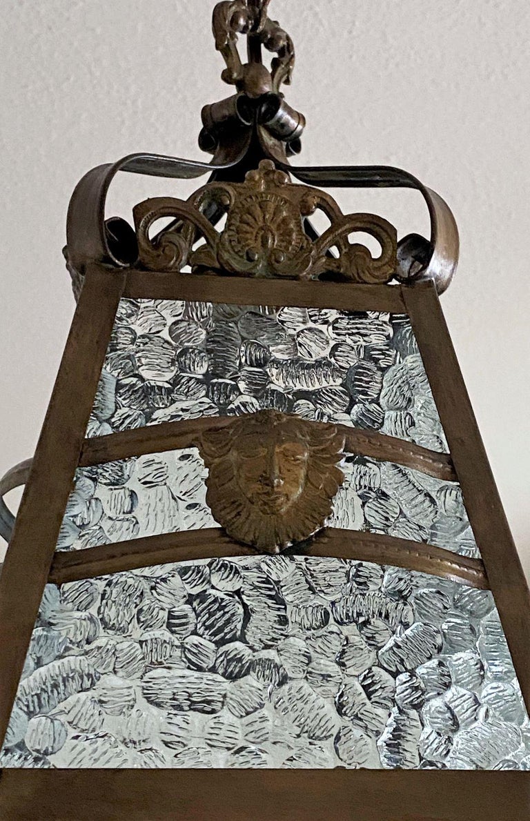 French Art Deco Patinated Iron Bronze and Glass Four-Sided Lantern ...