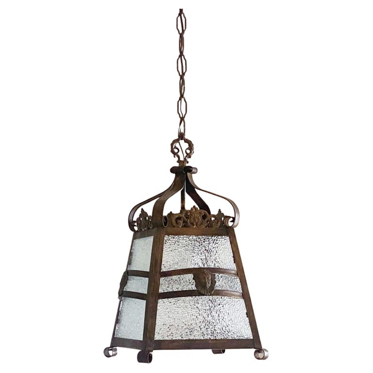 French Art Deco Patinated Iron, Bronze and Glass Four-Sided Lantern ...