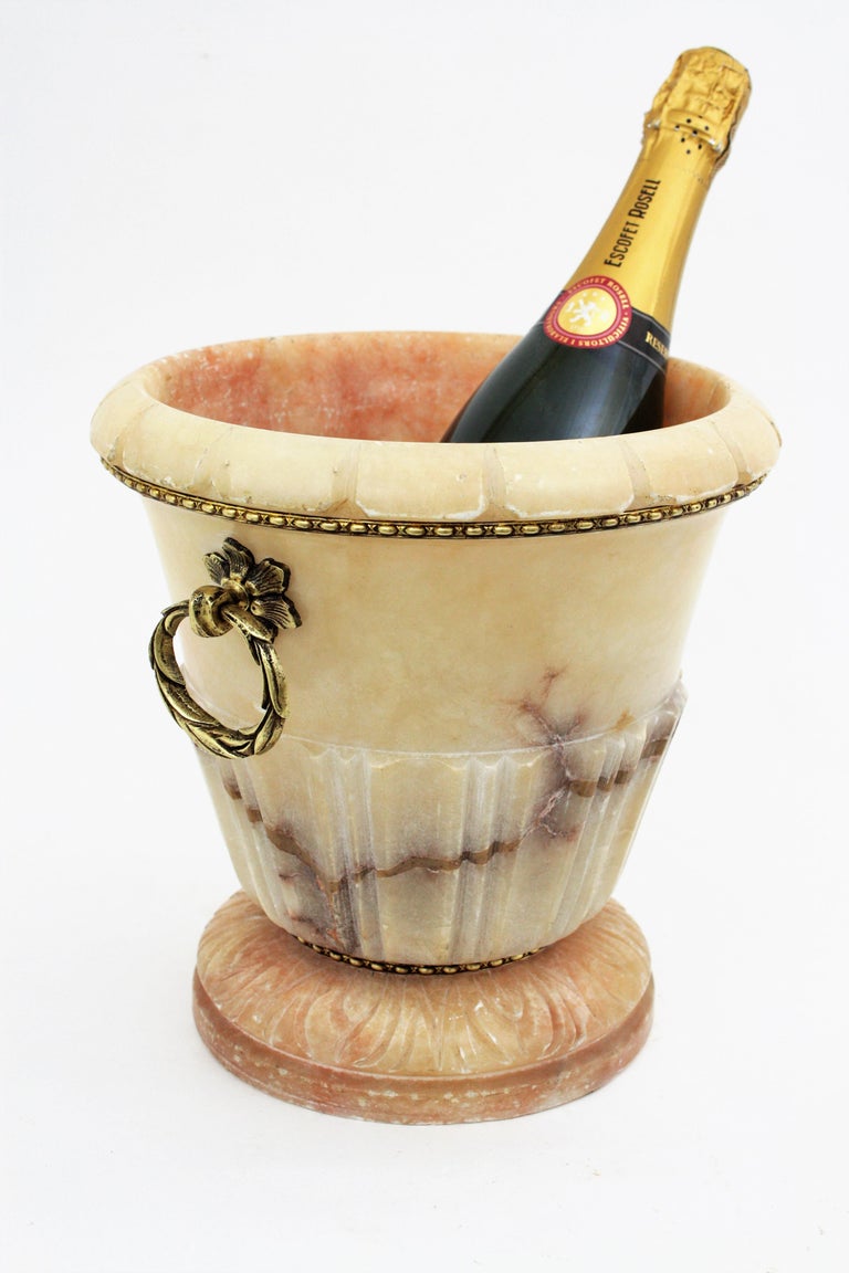 French Art Deco Pink Alabaster and Bronze Neoclassical Urn Vase / Wine ...