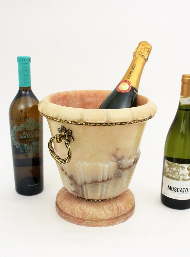 French Art Deco Pink Alabaster and Bronze Neoclassical Urn Vase / Wine ...