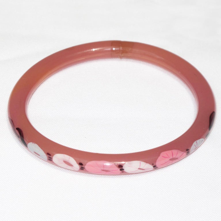 French Art Deco Pink Celluloid Bracelet Bangle with Floral Design For ...