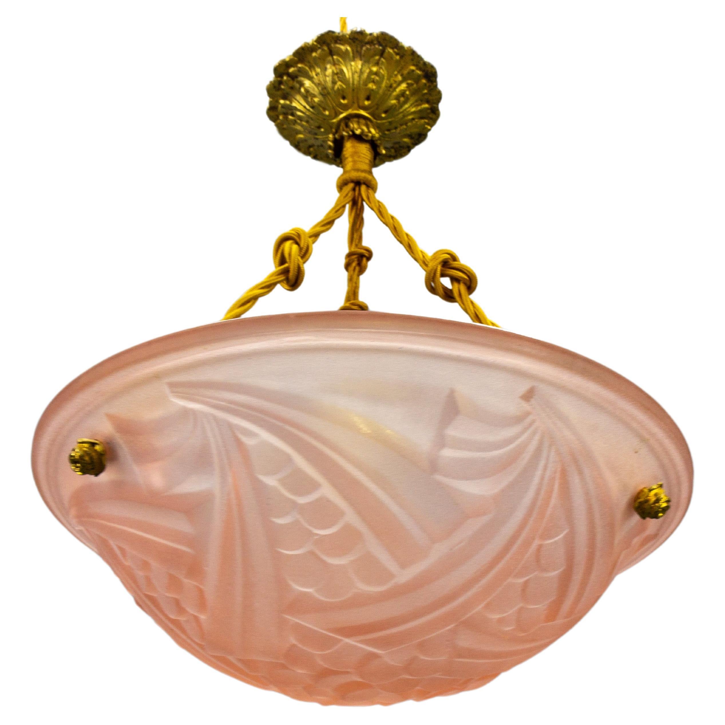 French Art Deco Pink Glass and Bronze Pendant Light Signed Degue, 1930s ...