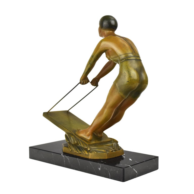 French Art Deco Sculpture Figurine Female Wakeboarder Marble Socle ...