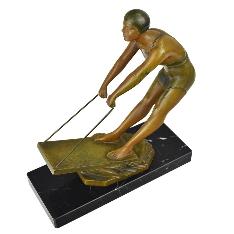 French Art Deco Sculpture Figurine Female Wakeboarder Marble Socle ...