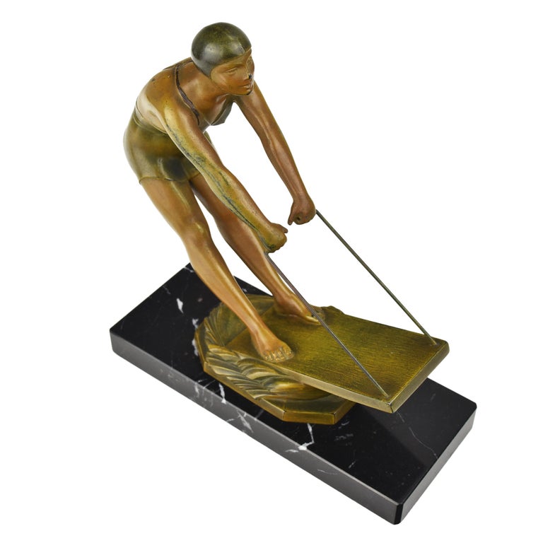 French Art Deco Sculpture Figurine Female Wakeboarder Marble Socle ...