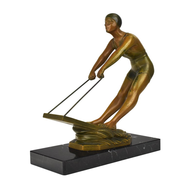 French Art Deco Sculpture Figurine Female Wakeboarder Marble Socle ...