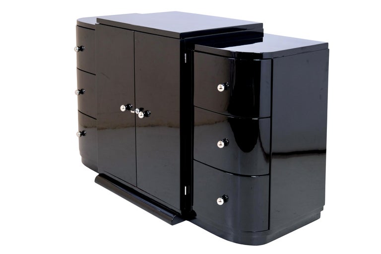 French Art Deco Sideboard in Black Lacquer with two Doors and rounded ...