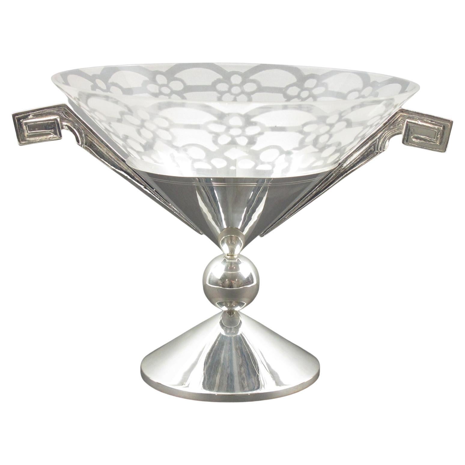 French Art Deco Silver Plate and Etched Glass Centerpiece Bowl For Sale ...