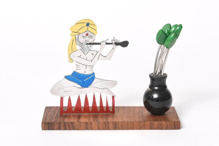 French Art Deco Snake Charmer Chrome and Bakelite Cocktail Picks Hors d ...