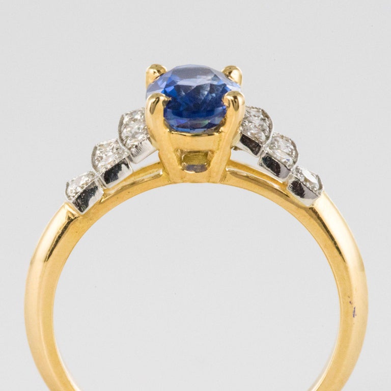French Art Deco Spirit Blue Sapphire Diamonds 18 Karat Yellow Gold Ring ...