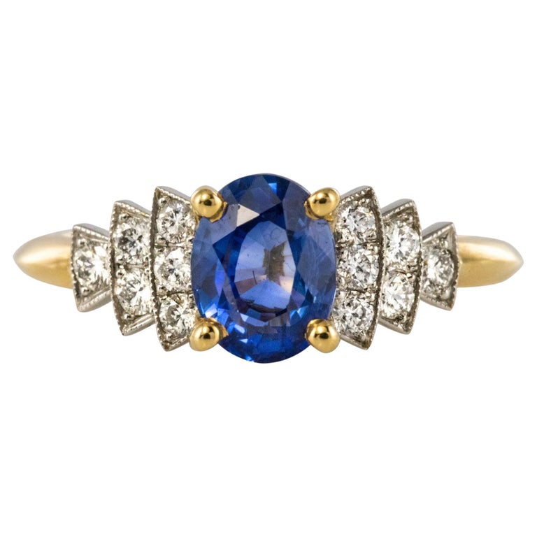 French Art Deco Spirit Blue Sapphire Diamonds 18 Karat Yellow Gold Ring ...