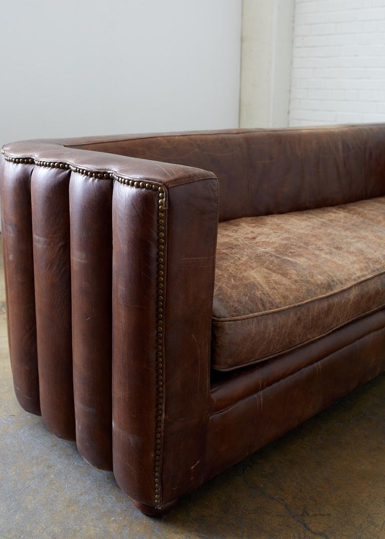 French Art Deco Style Cigar Leather Channel Back Sofa at 1stDibs