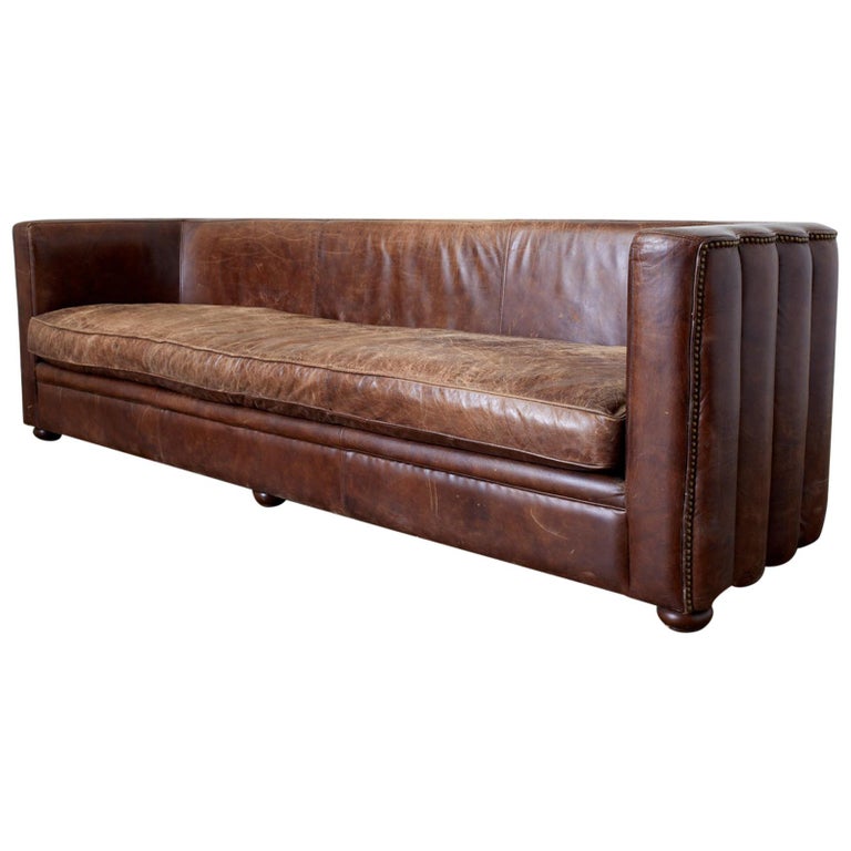 French Art Deco Style Cigar Leather Channel Back Sofa at 1stDibs