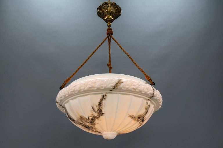French Art Deco Style Marbled White Glass and Brass Pendant Light For ...