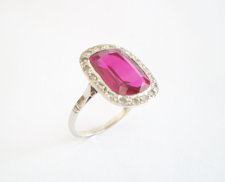 French Art Deco Synthetic Ruby and Diamond Halo Ring, 18K Gold, Circa ...