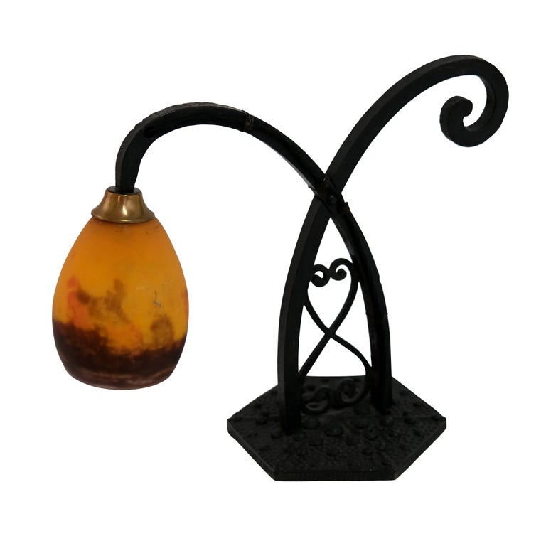 French Art Deco Table Lamp with Wrought Iron Mount and Signed Glass by ...