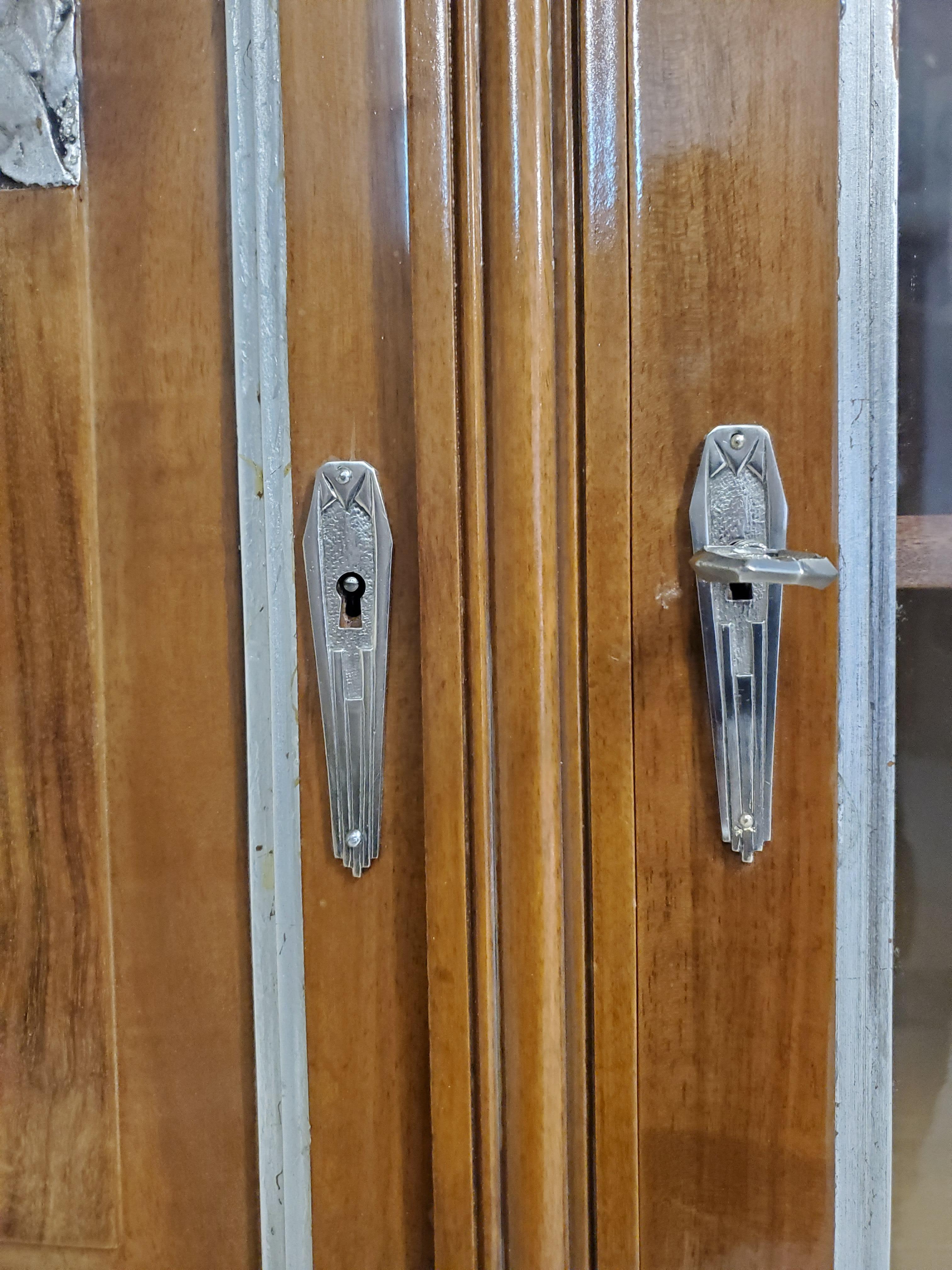 French Art Deco Three Door Walnut Cabinet/ Vitrine/ Bar with Metal Leaf ...
