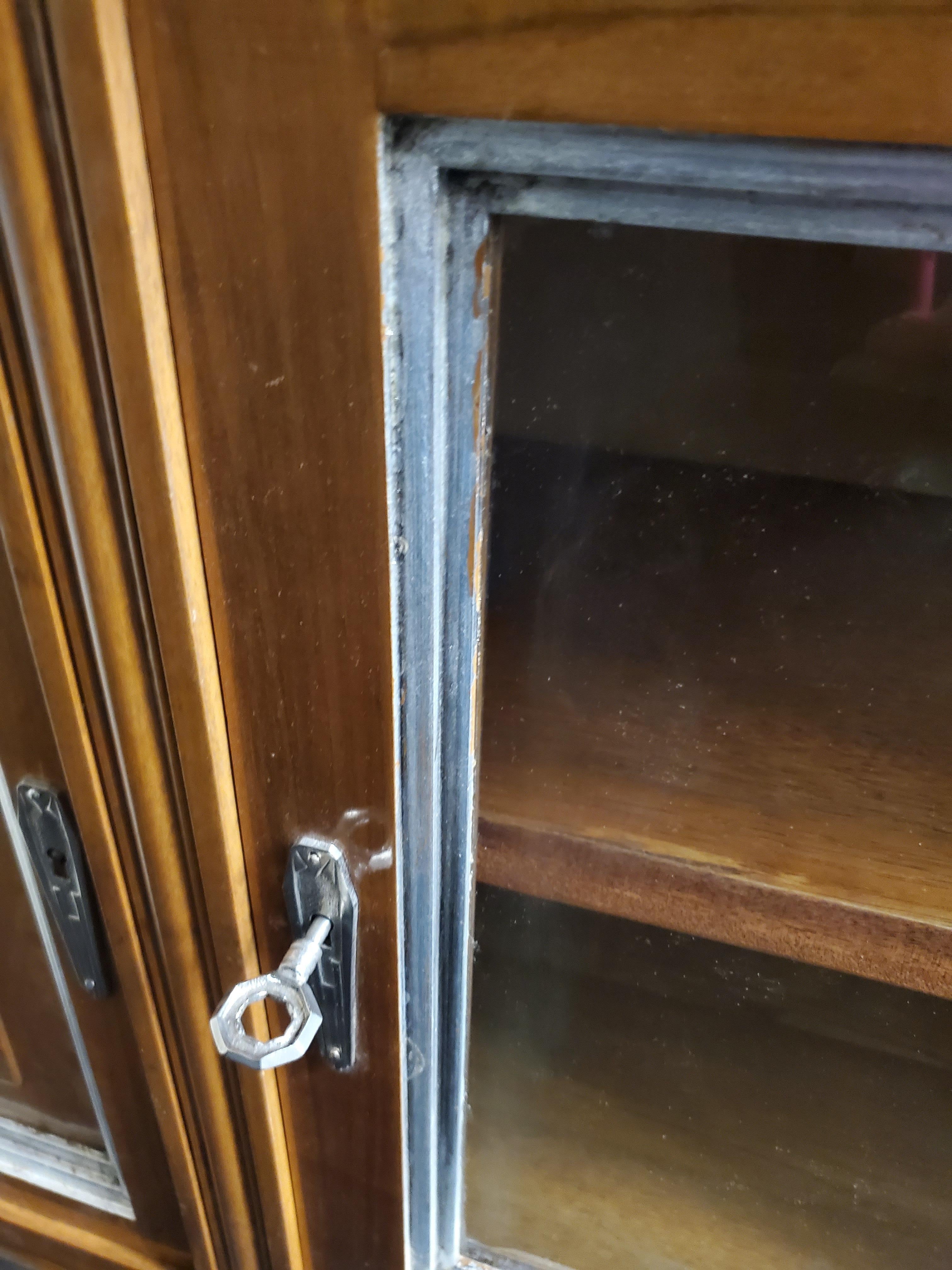 French Art Deco Three Door Walnut Cabinet/ Vitrine/ Bar with Metal Leaf ...