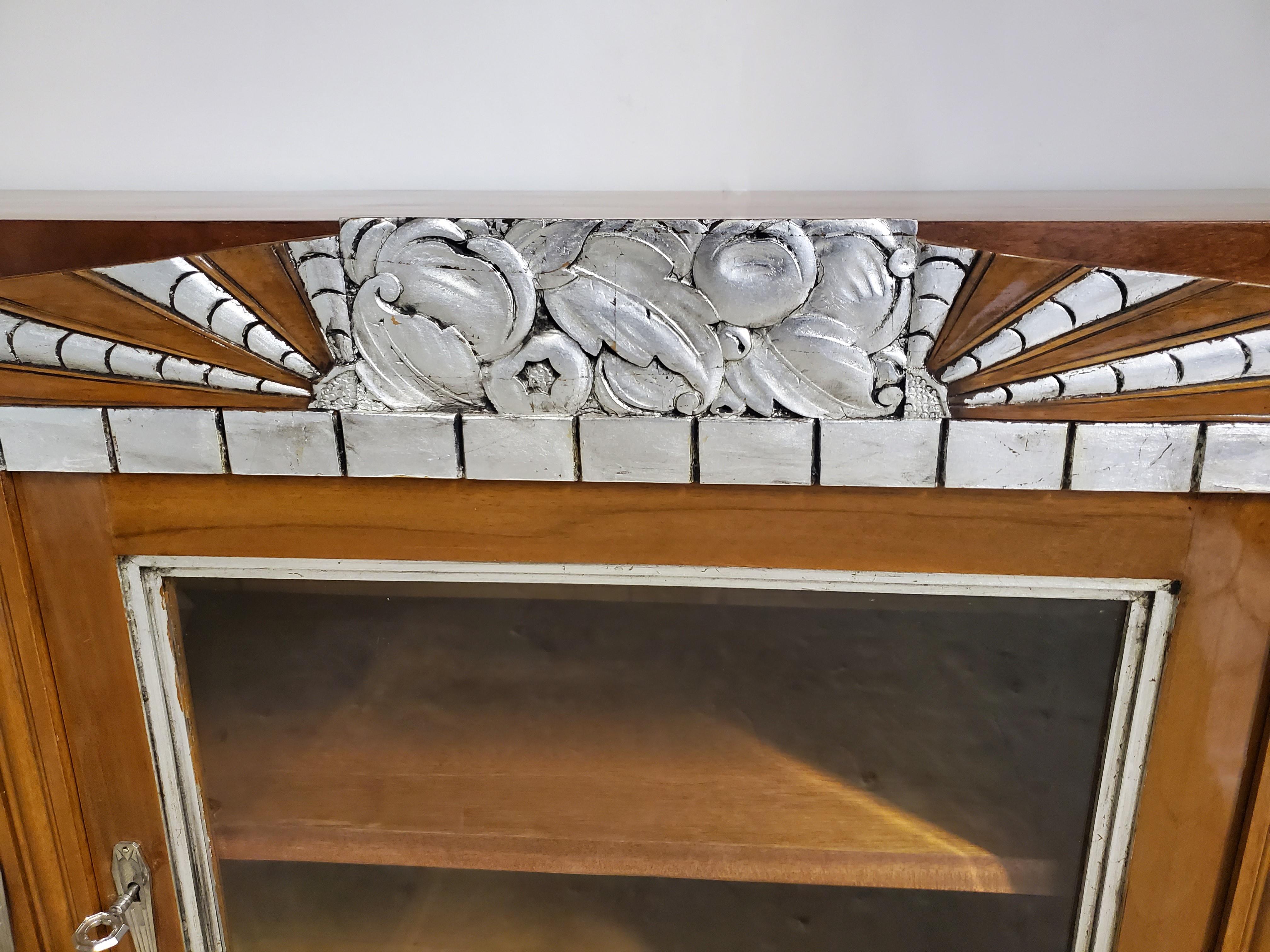 French Art Deco Three Door Walnut Cabinet/ Vitrine/ Bar with Metal Leaf ...