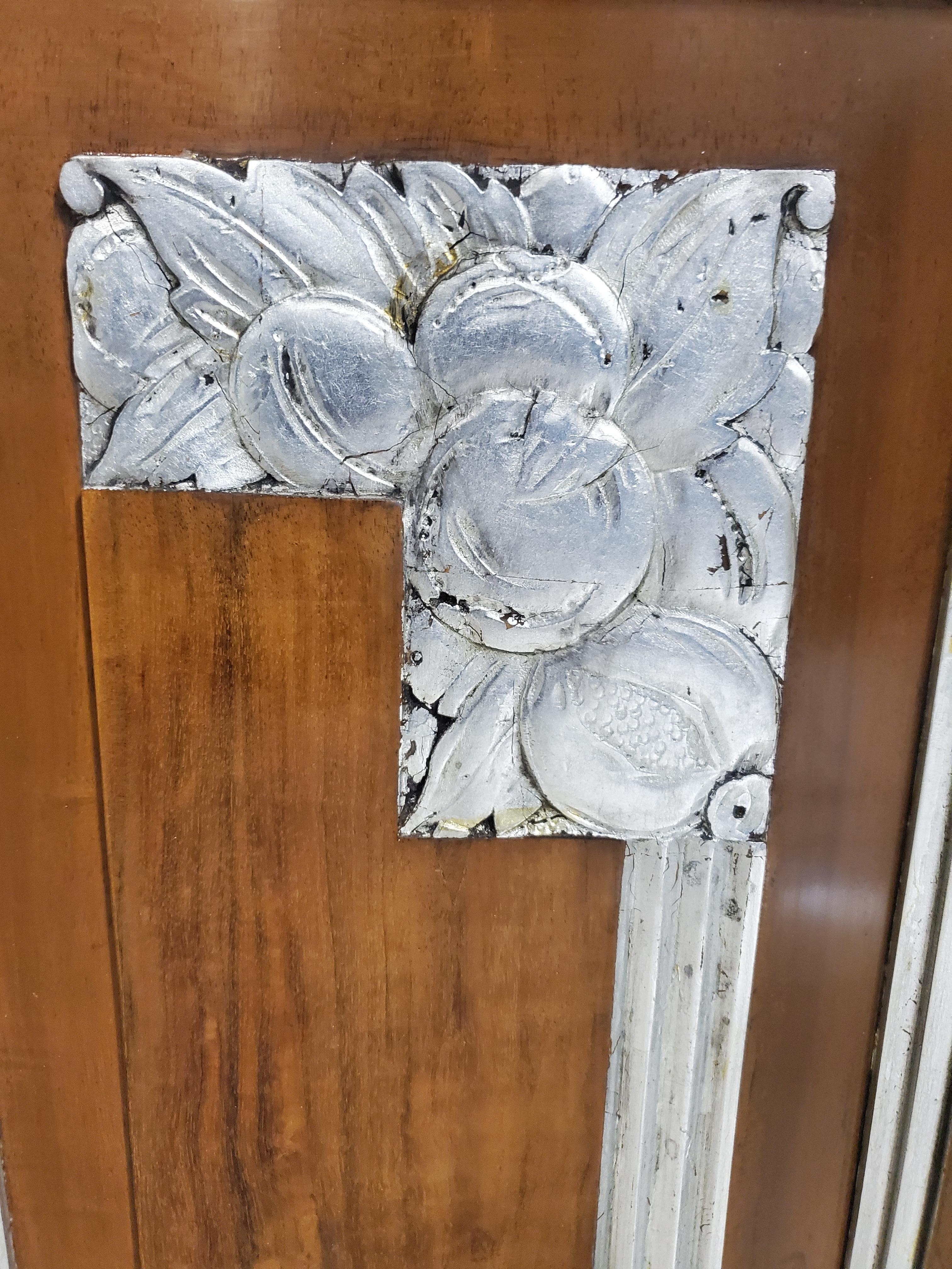 French Art Deco Three Door Walnut Cabinet/ Vitrine/ Bar with Metal Leaf ...