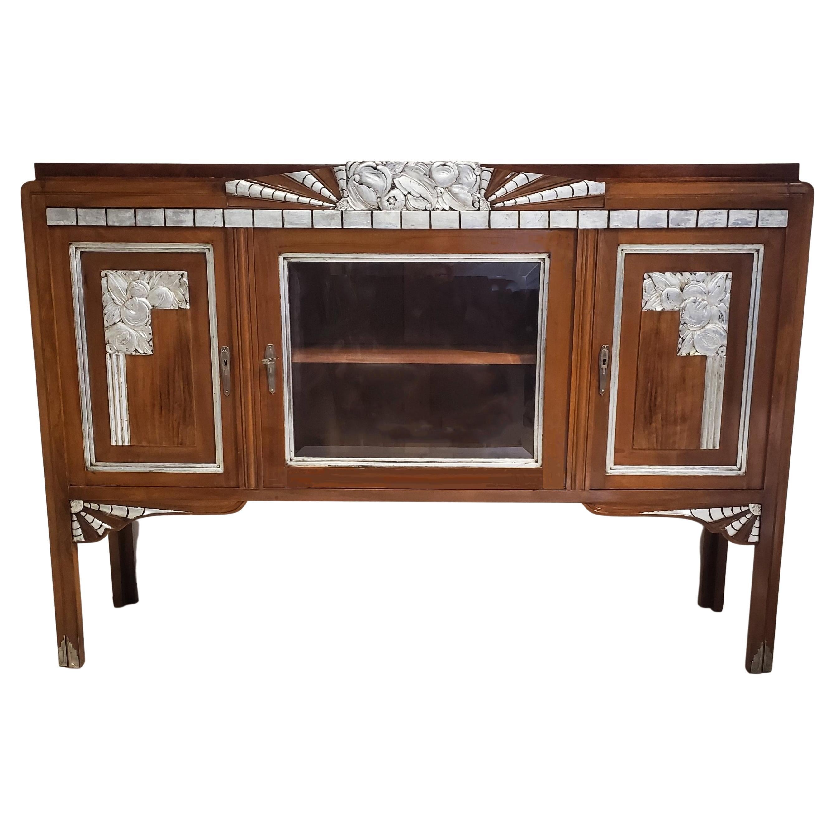 French Art Deco Three Door Walnut Cabinet/ Vitrine/ Bar with Metal Leaf ...