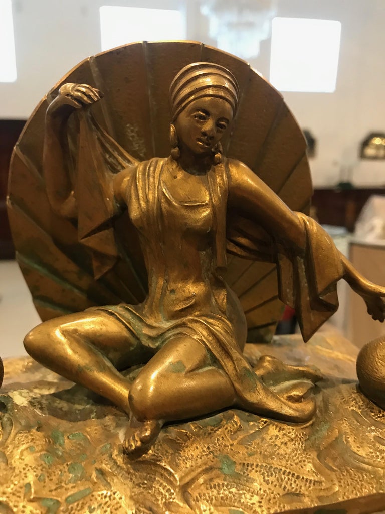 French Art Deco Three-Piece Female Sculpture Clock For Sale at 1stDibs