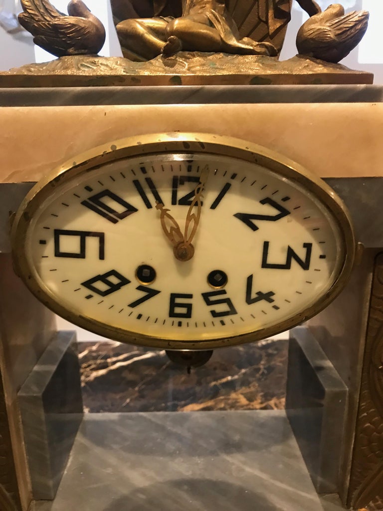 French Art Deco Three-Piece Female Sculpture Clock For Sale at 1stDibs