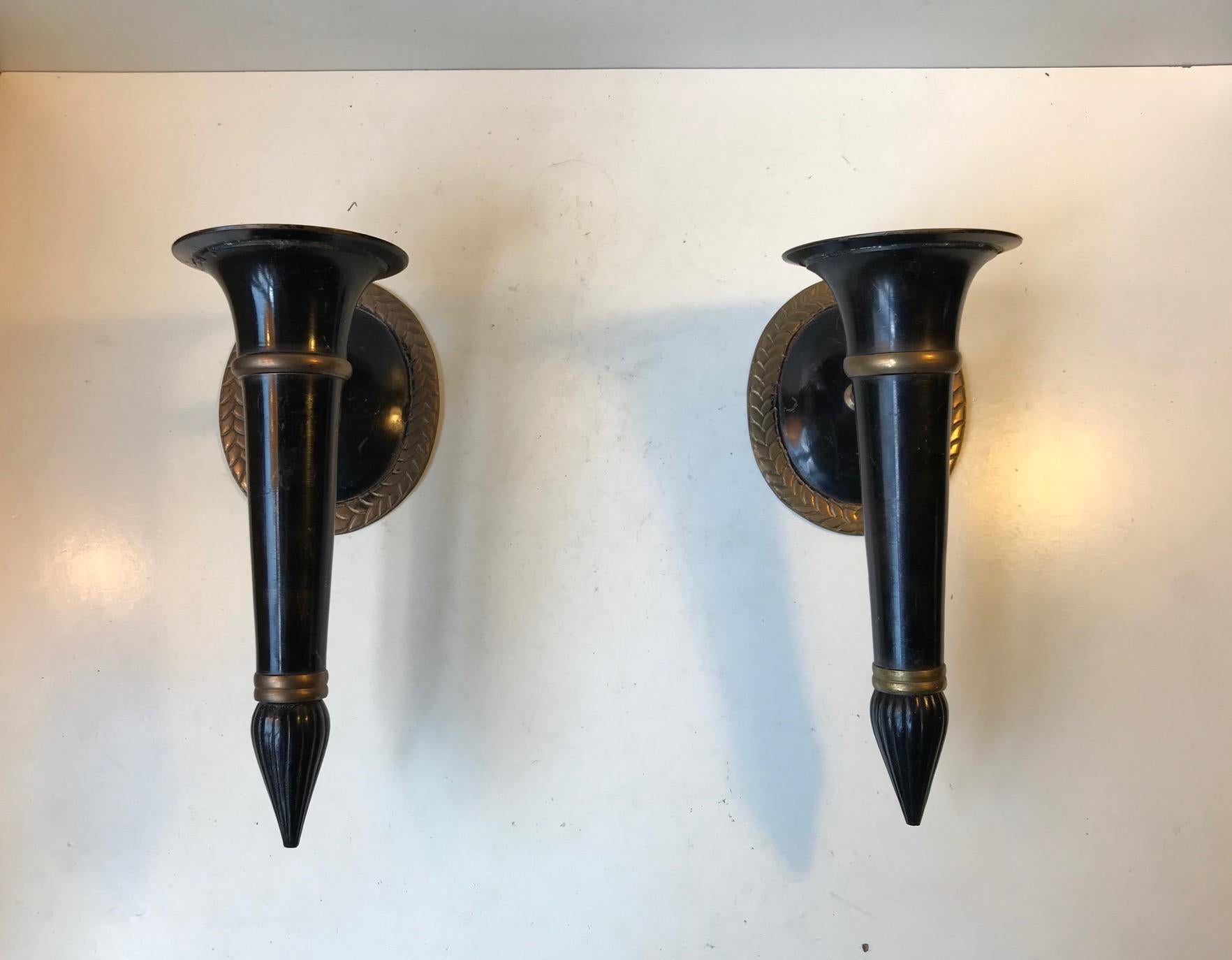French Art Deco Torch Sconces in Bronze, 1920s at 1stDibs
