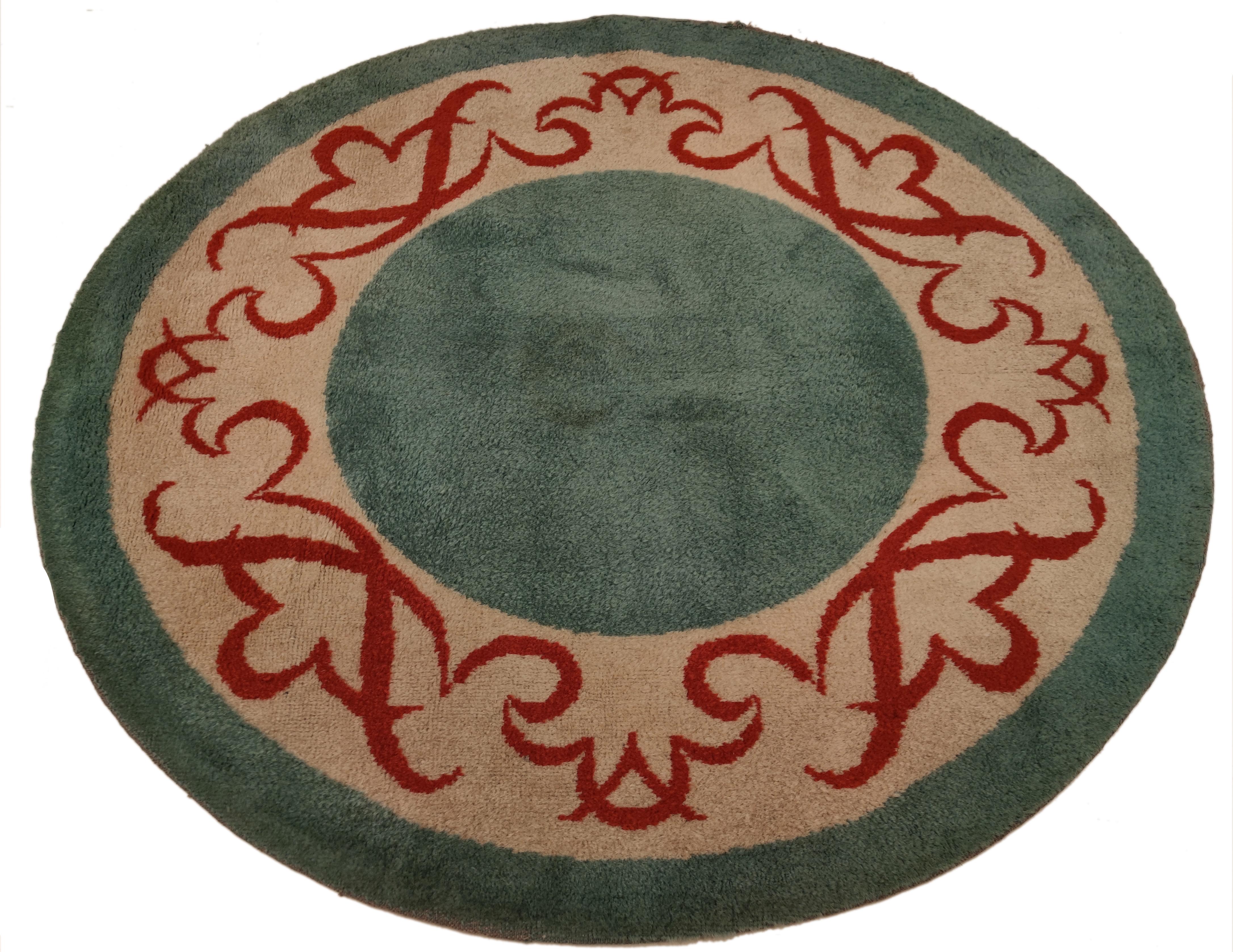 French Art Deco Turquoise Round Rug with Ferronerie Border, Circa 1935 ...
